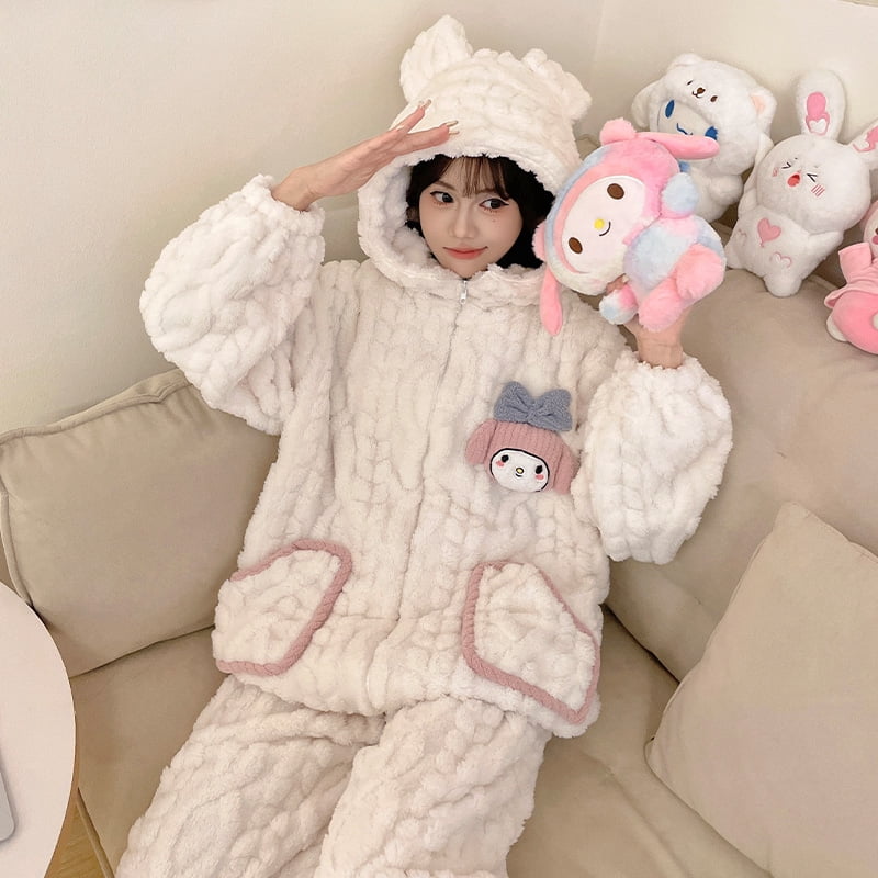 Kawaii Sanrio Hello Kitty My Melody Cinnamoroll Kuromi Flannel Hooded ...