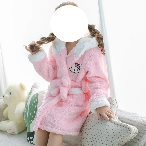 Kawaii Sanrio Hello Kitty Pajamas Night-Robe Autumn Winter Hooded Thick ...