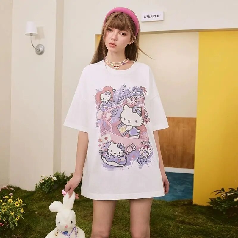 Kawaii Sanrio T-shirt Hello Kitty Star Women Short Sleeve Tops Summer ...