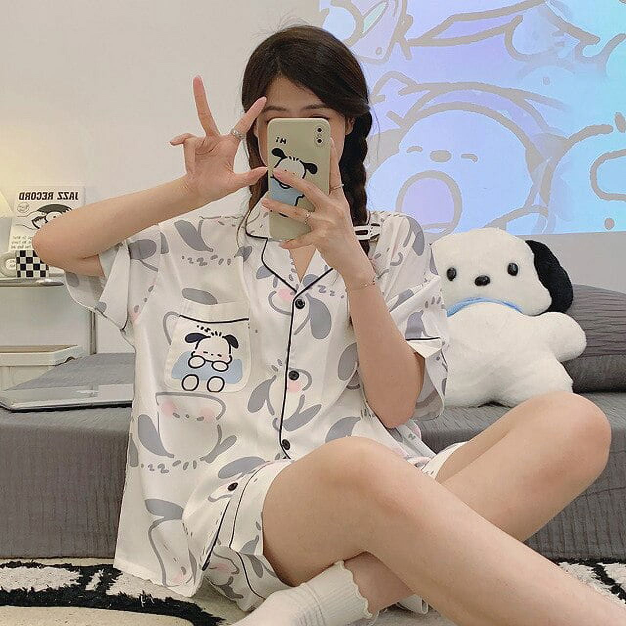 Kawaii Sanrioed Ice Silk Women‘s Pajamas 2023 Summer Thin Short Sleeve