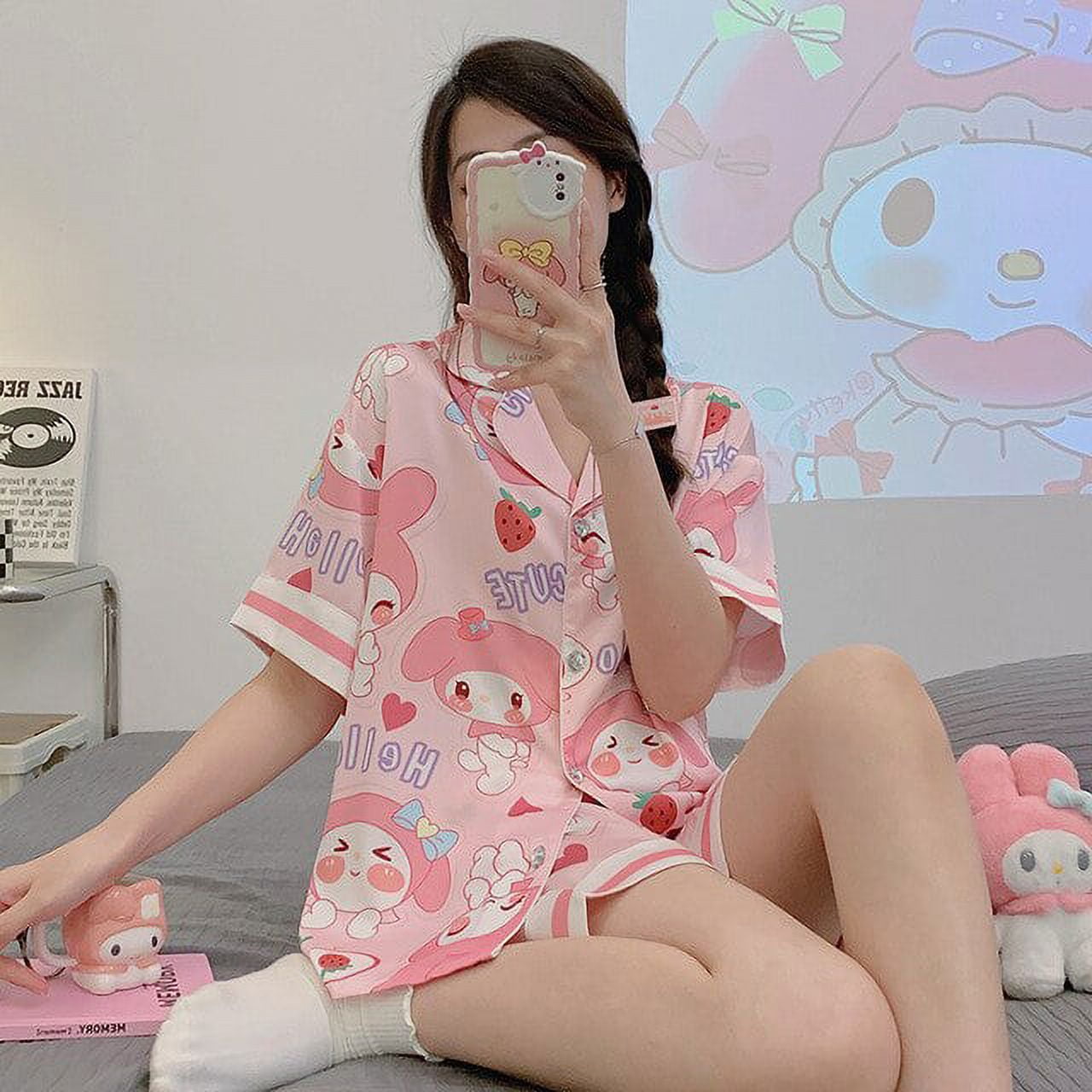 Kawaii Sanrioed Ice Silk Women‘s Pajamas 2023 Summer Thin Short Sleeve