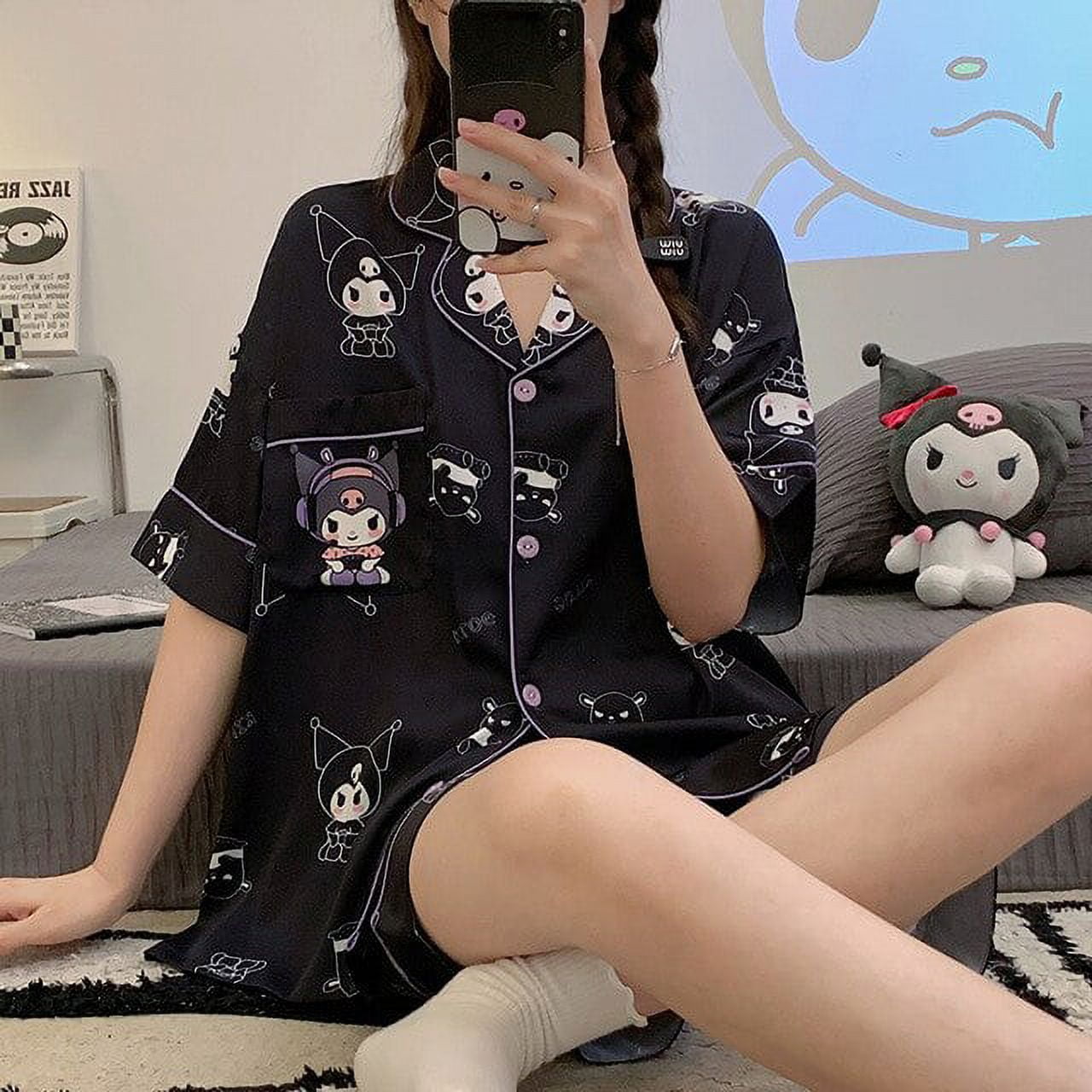 Kawaii Sanrioed Ice Silk Women‘s Pajamas 2023 Summer Thin Short Sleeve