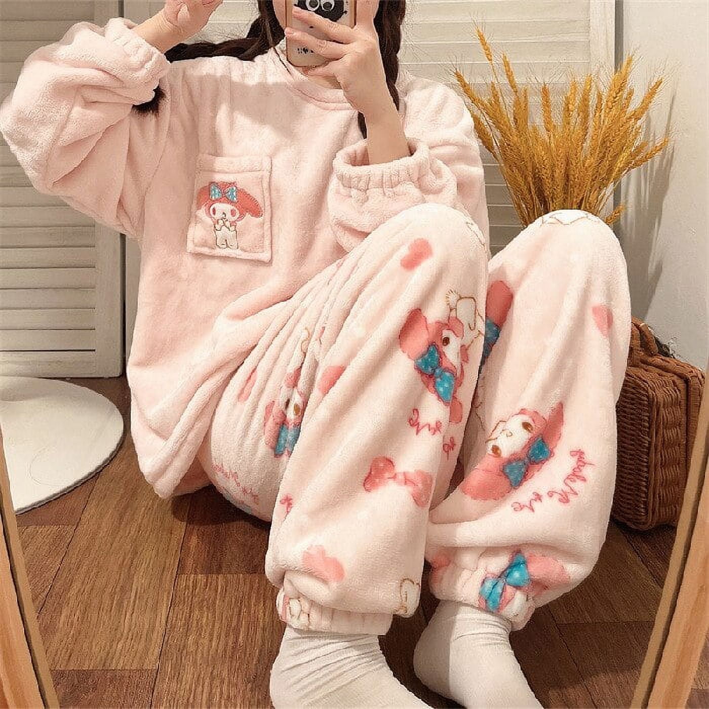 Kawaii Sanrios Hello Kitty Warm Pajamas Women Winter Flannel Pajama
