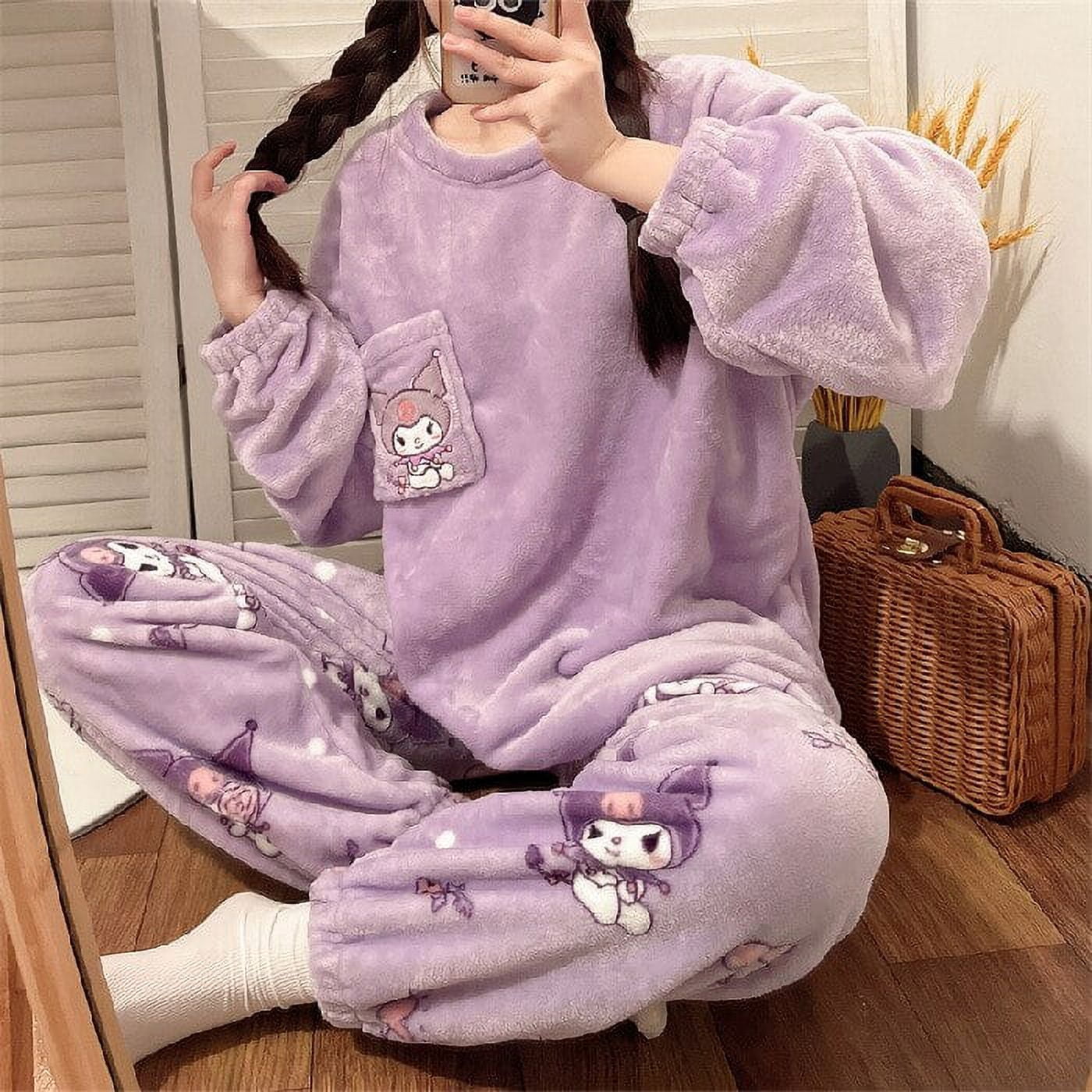 Kawaii Sanrios Hello Kitty Warm Pajamas Women Winter Flannel Pajama ...