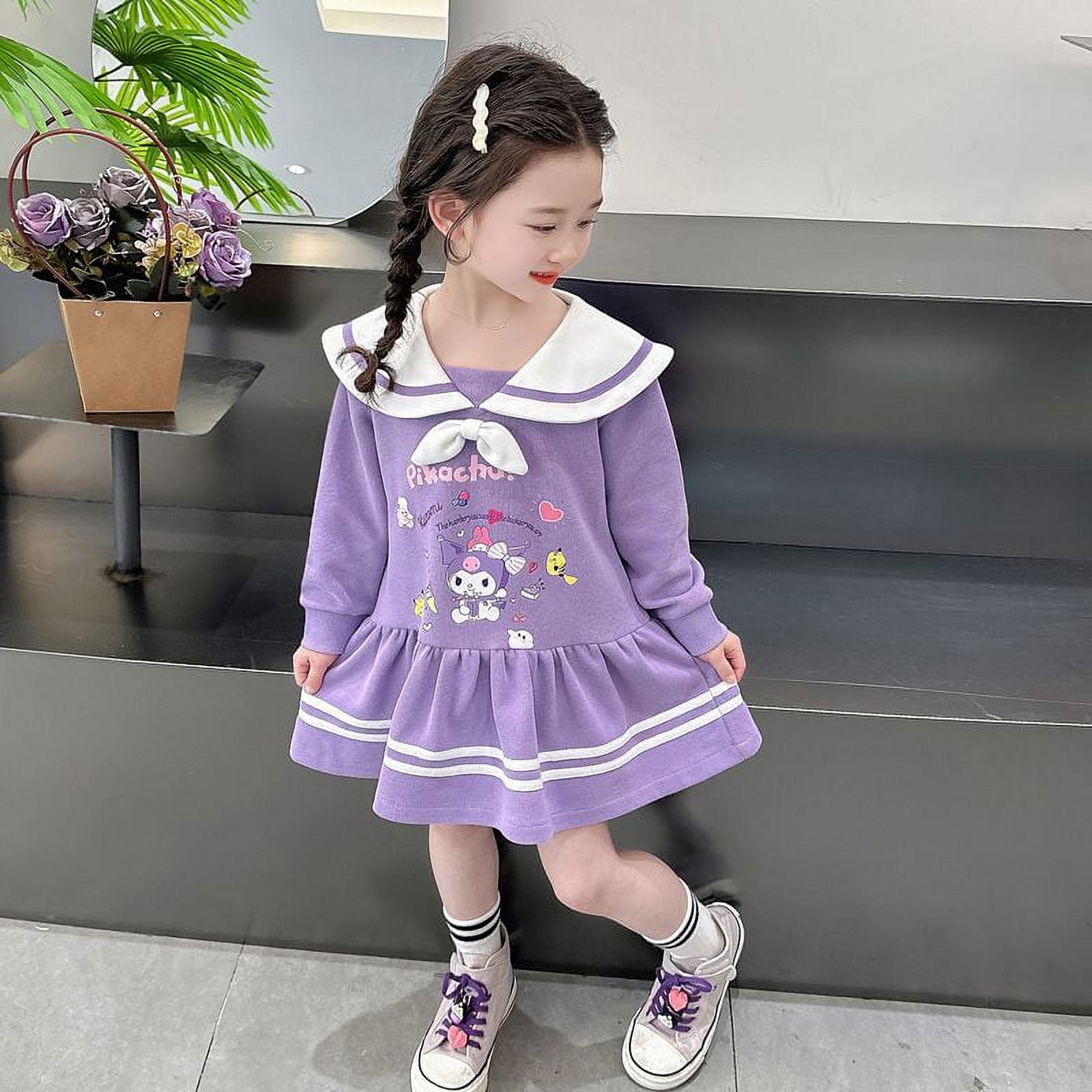 Kawaii Sanrios Kuromi Kids Long Sleeve Dress Girls Preppy Pleated Skirt ...