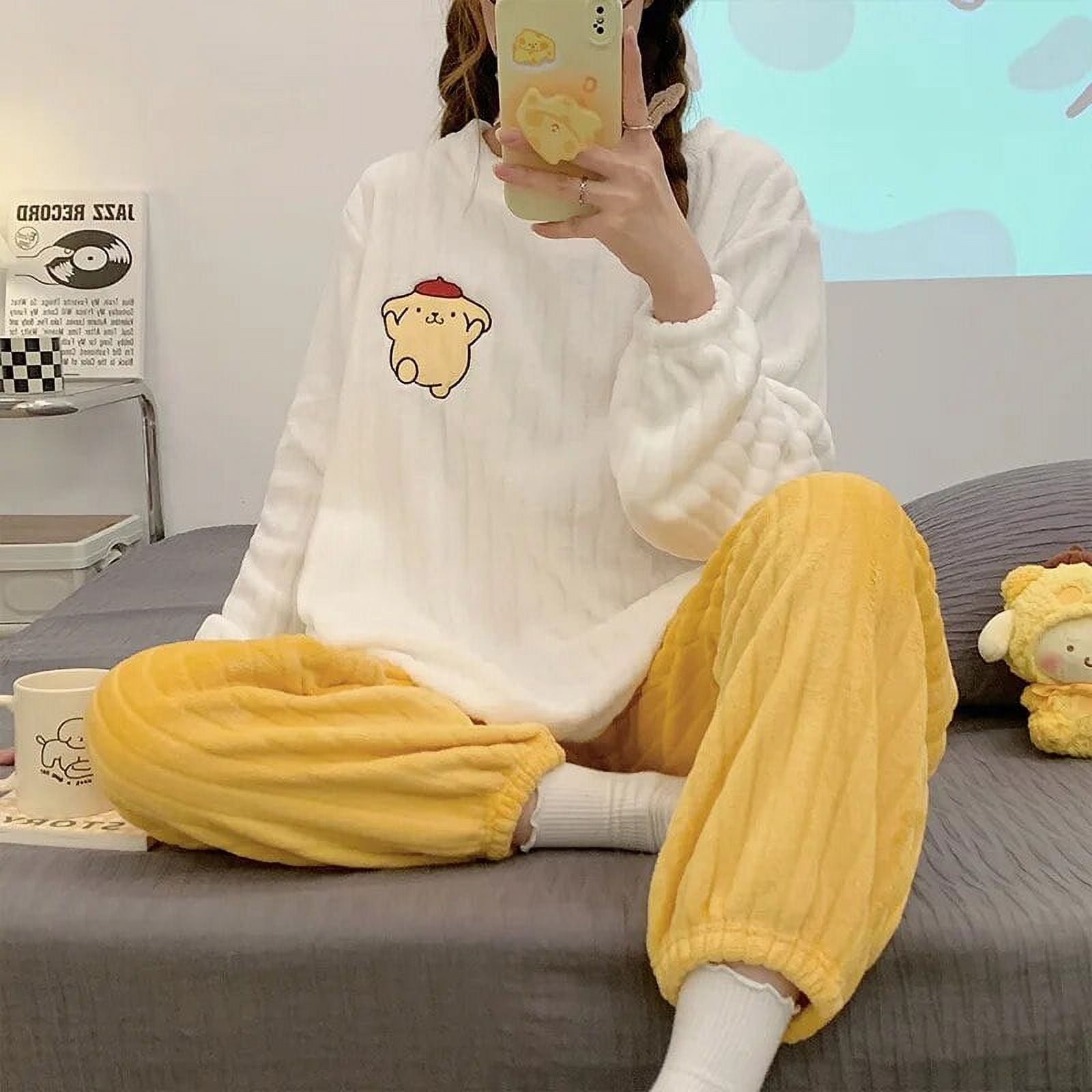 Kawaii Sanrios Pajamas Women Autumn Winter Flannel Thick Warm Casual ...