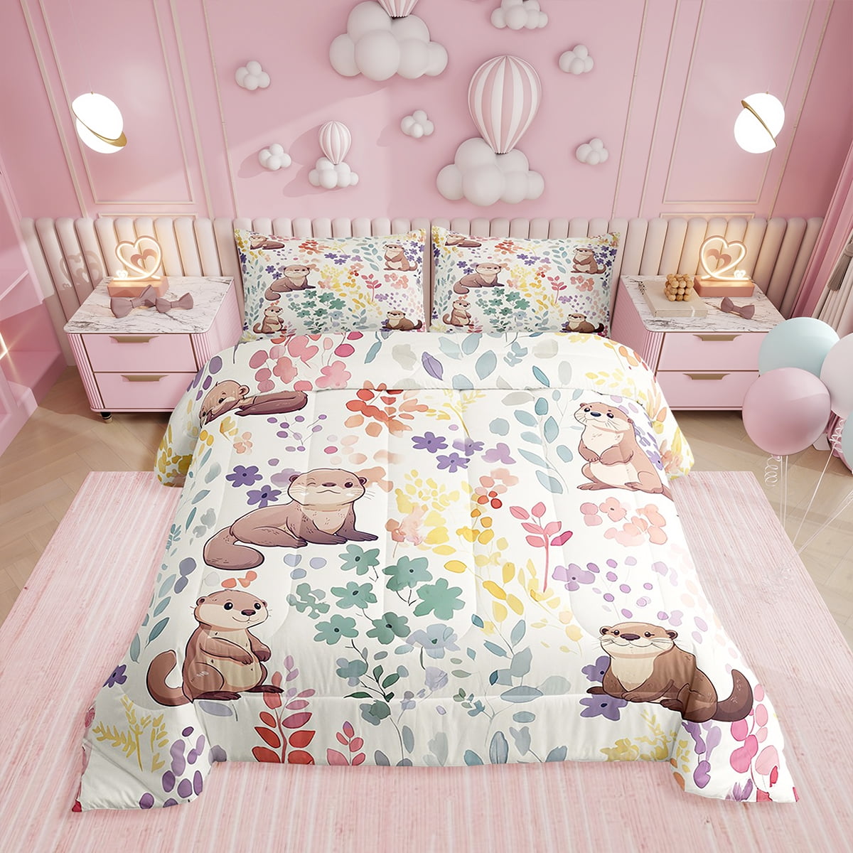 Kawaii Sea Otter Comforter Set Queen Size,Cartoon Otter Sea Life ...