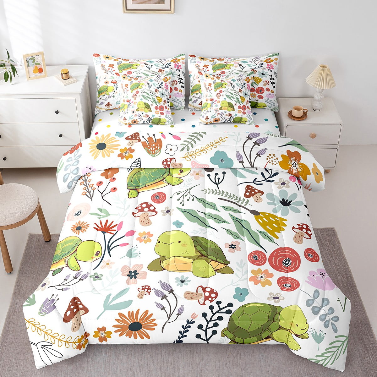 Kawaii Sea Turtle Comforter Set 7 Piece Bed in a Bag Twin,Mushroom ...