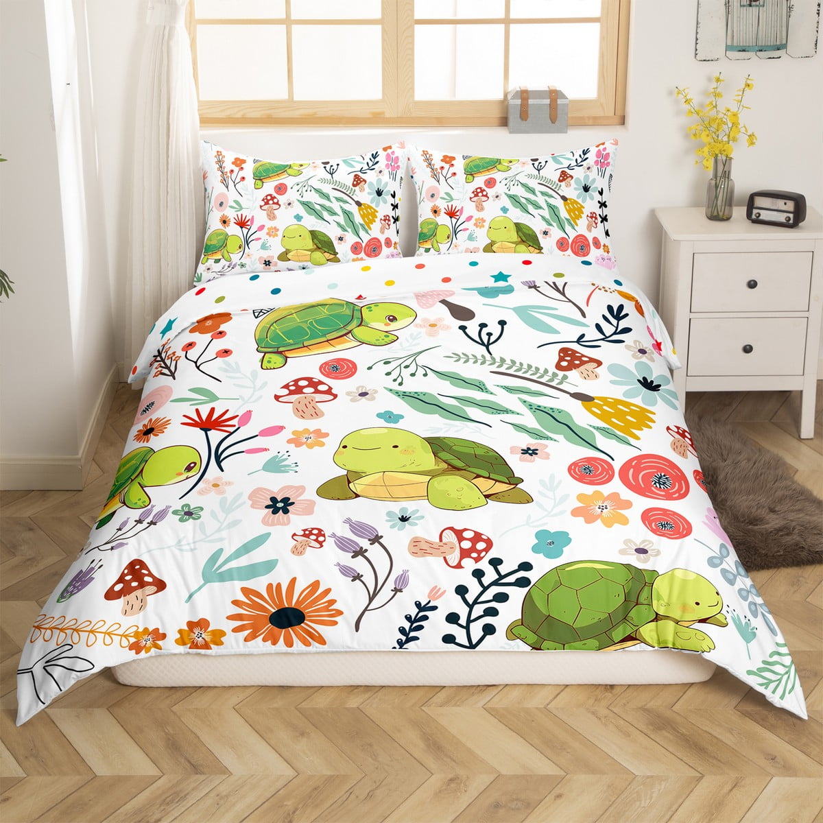 Kawaii Sea Turtle King Bedding Sets,Mushroom Floral Comforter Cover ...