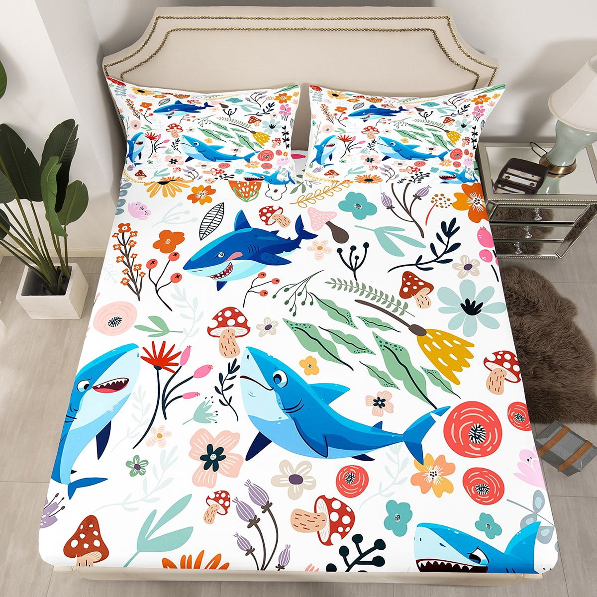 Kawaii Shark Fitted Sheet Mushroom Floral Queen Bed Sheets,Cartoon ...
