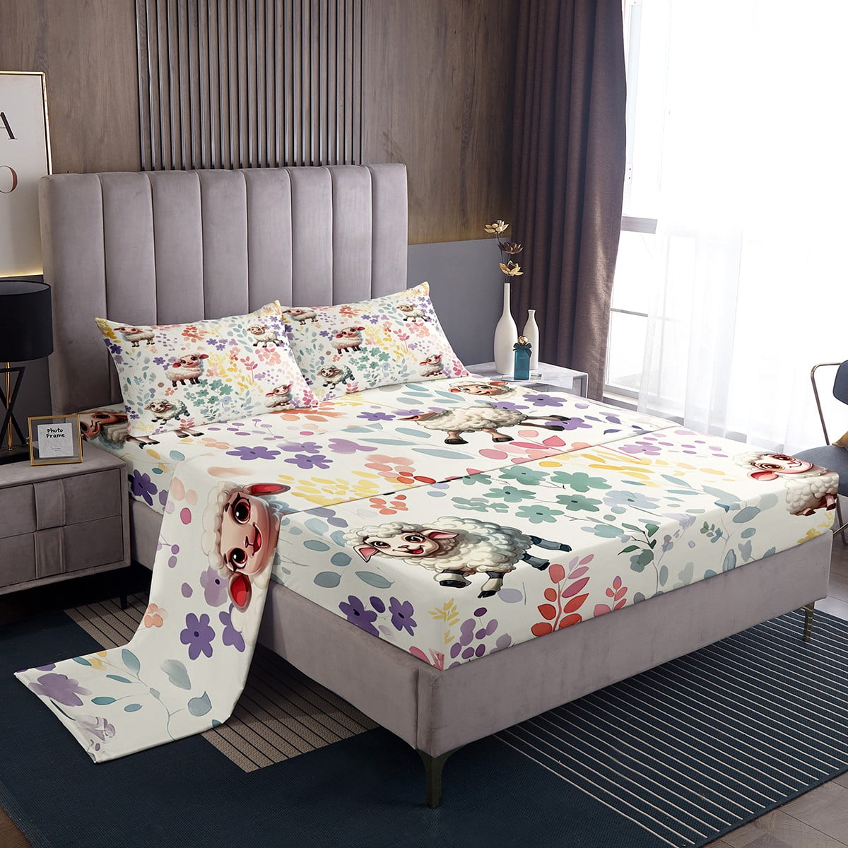 Kawaii Sheep Bedding Set King Size,Farmhouse Sheep Flower Bed Sheets ...