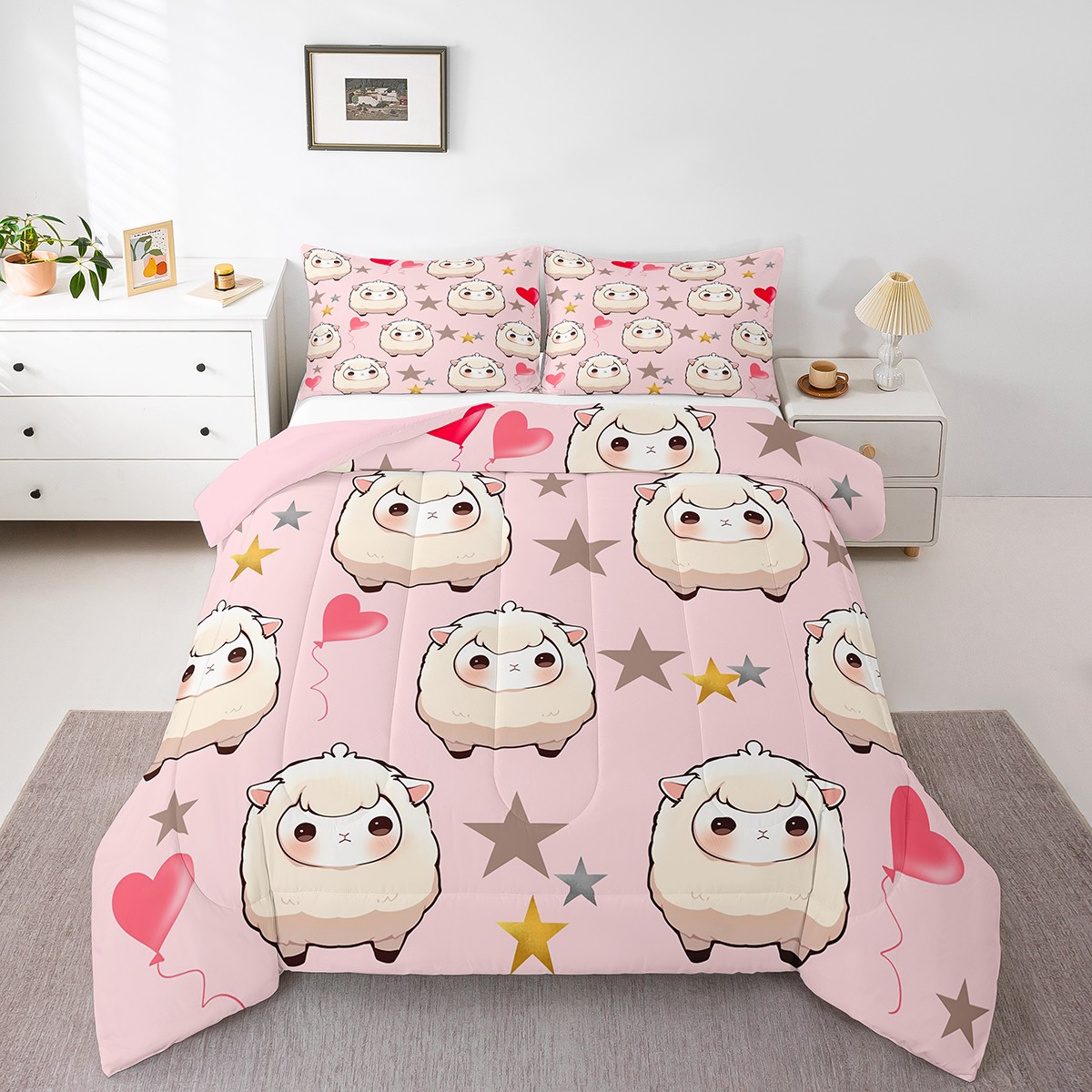 Kawaii Sheep Comforter Set Full Size,Stars Love Heart Balloons Princess ...
