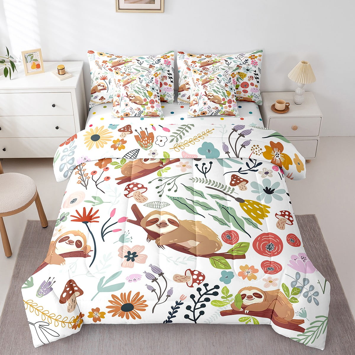 Kawaii Sloth Bed in a Bag Queen Comforter Set 7 Piece,Mushroom Floral ...