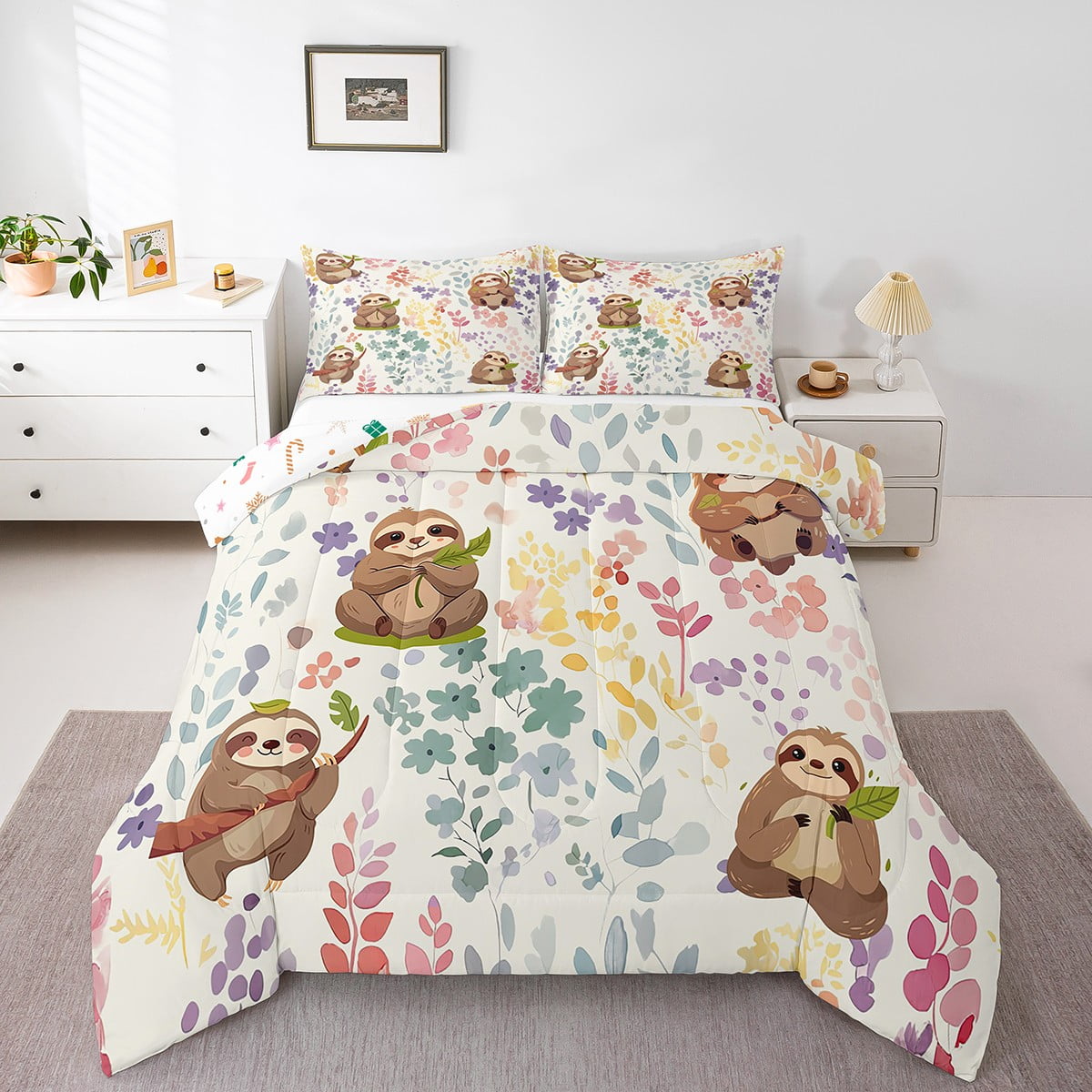 Kawaii Sloth Bedding Set Twin Size,Cartoon Sloth Floral Comforter Set ...