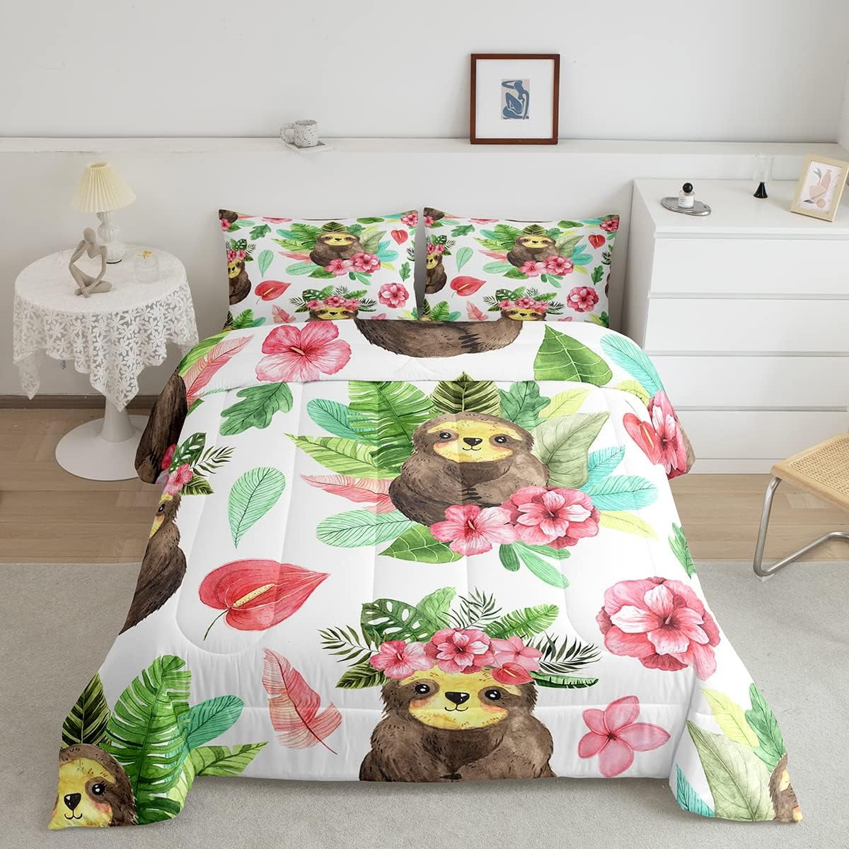 Kawaii Sloth Comforter Set Cartoon Sloth Bedding Palm Leaf Cherry ...