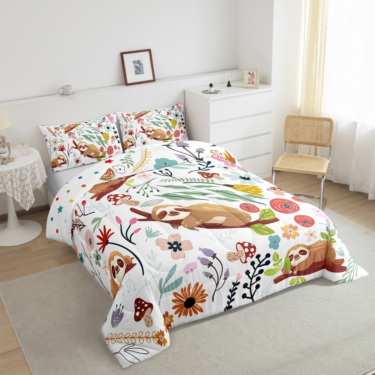 Kawaii Sloth Comforter Set Mushroom Floral Queen Bedding Sets ,Cartoon ...