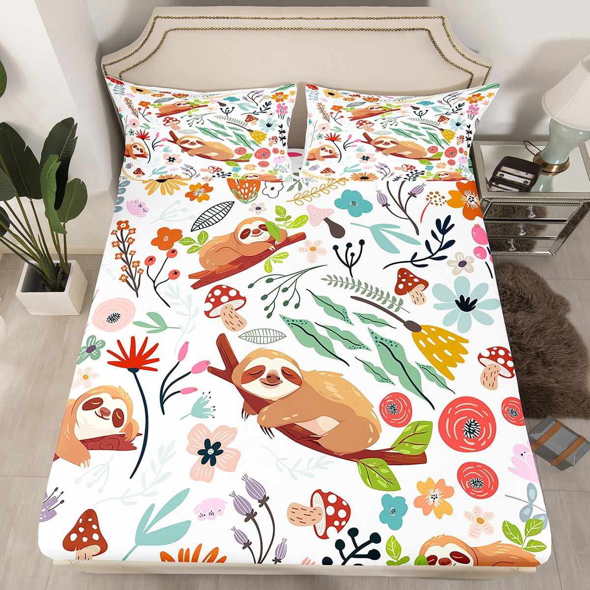 Kawaii Sloth Full Bed Sheets,Mushroom Floral Sheets Cartoon Animal ...