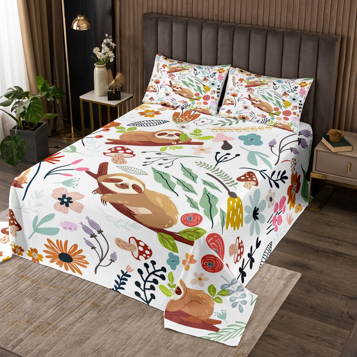 Kawaii Sloth Quilt Set Mushroom Floral Twin Bedspread Set ,Cartoon ...