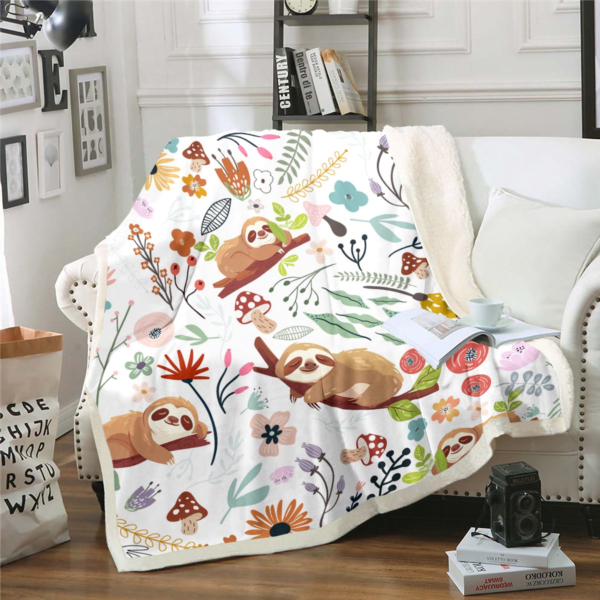 Kawaii Sloth Throw Blanket 40"x50",Mushroom Floral Fleece Blanket ...