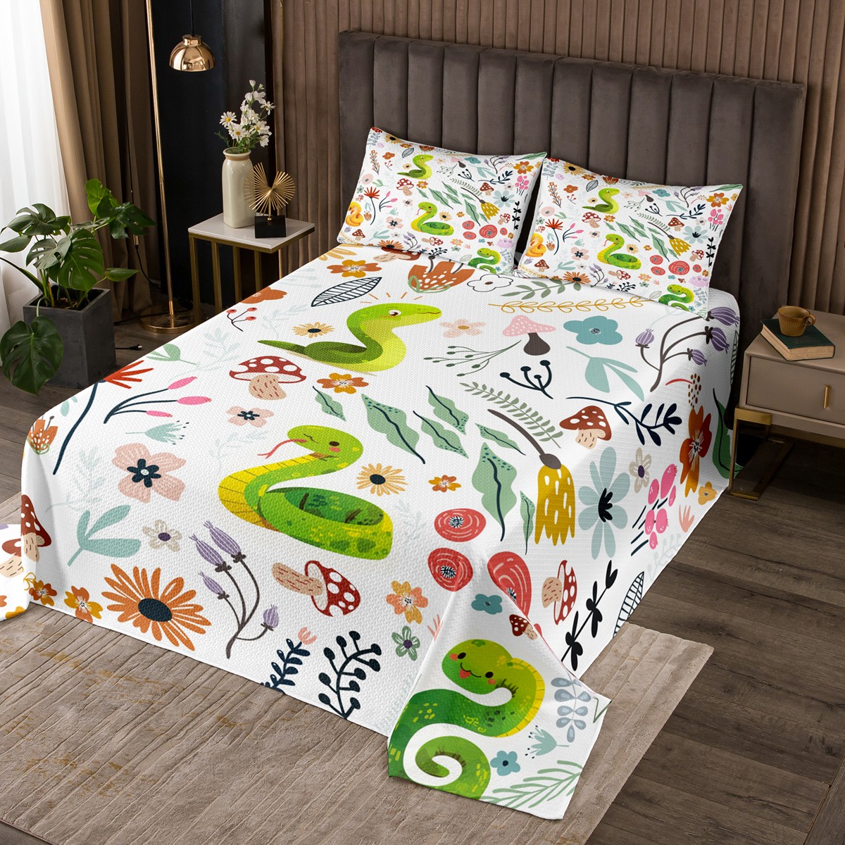 Kawaii Snake Quilt Set Mushroom Floral Twin Bedspread Set,Cartoon ...