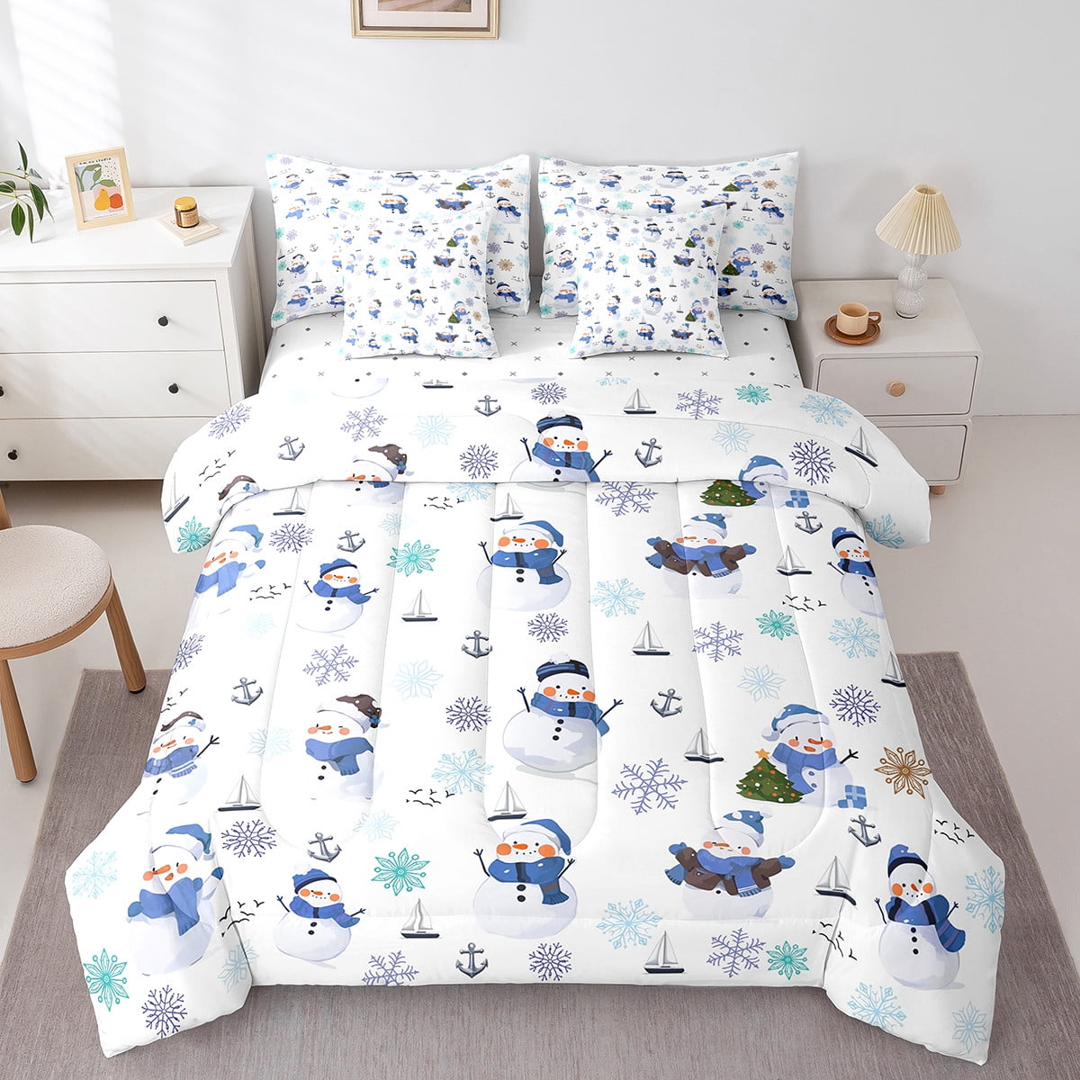 Kawaii Snowman 7 Pcs Comforter Set Full Size Snowflakes Bedding Merry Christmas Nautical Sheet ...