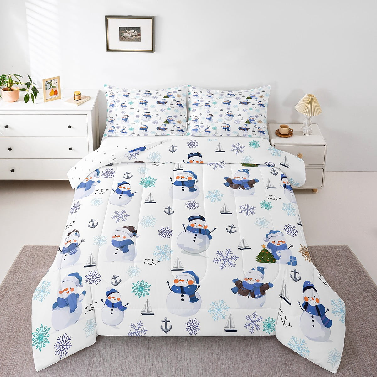 Kawaii Snowman Comforter Set Twin Size Snowflakes Bedding Merry ...