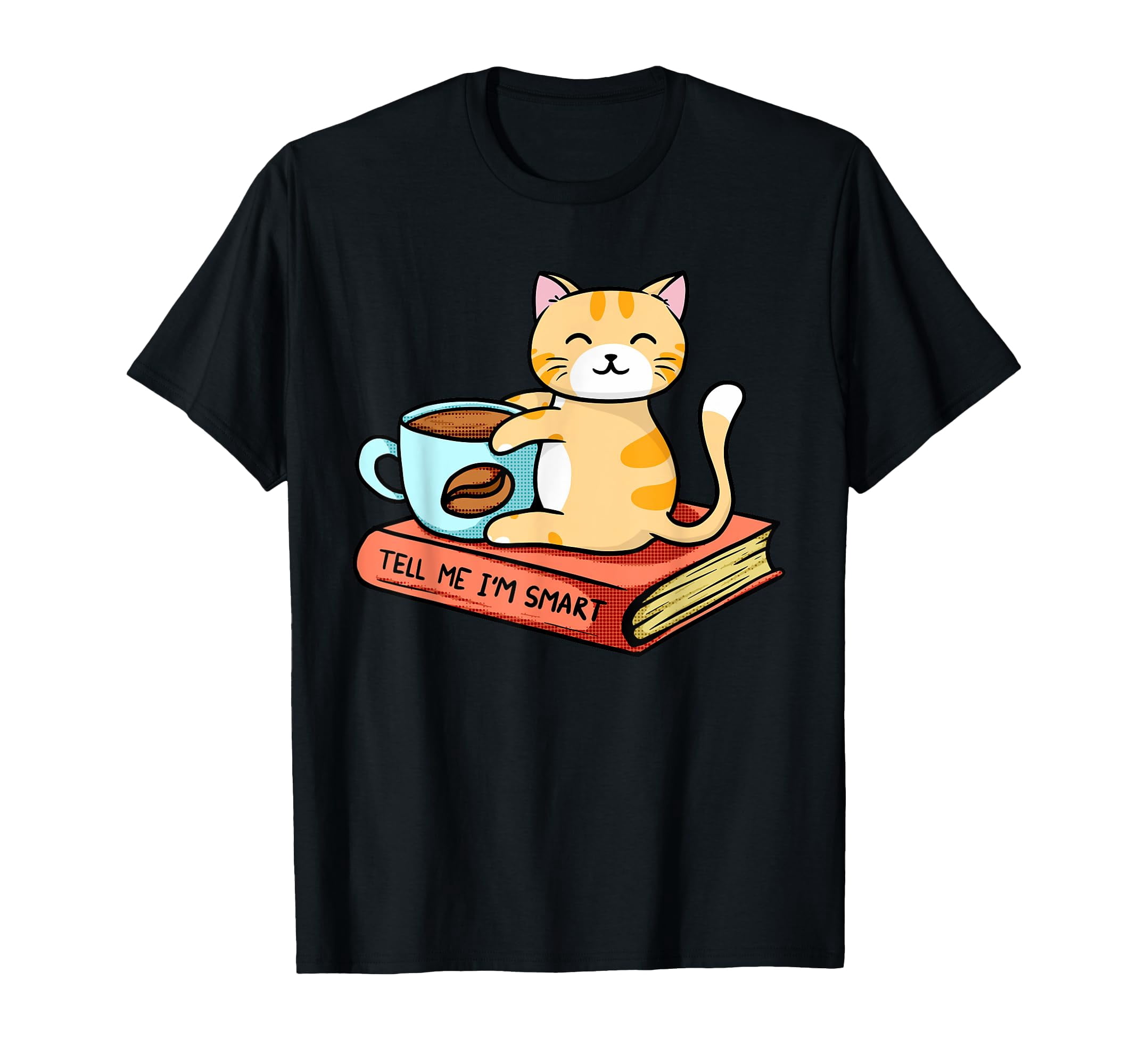 Kawaii Style Cat and Book Design T-Shirt for Coffee Lovers with Fun ...