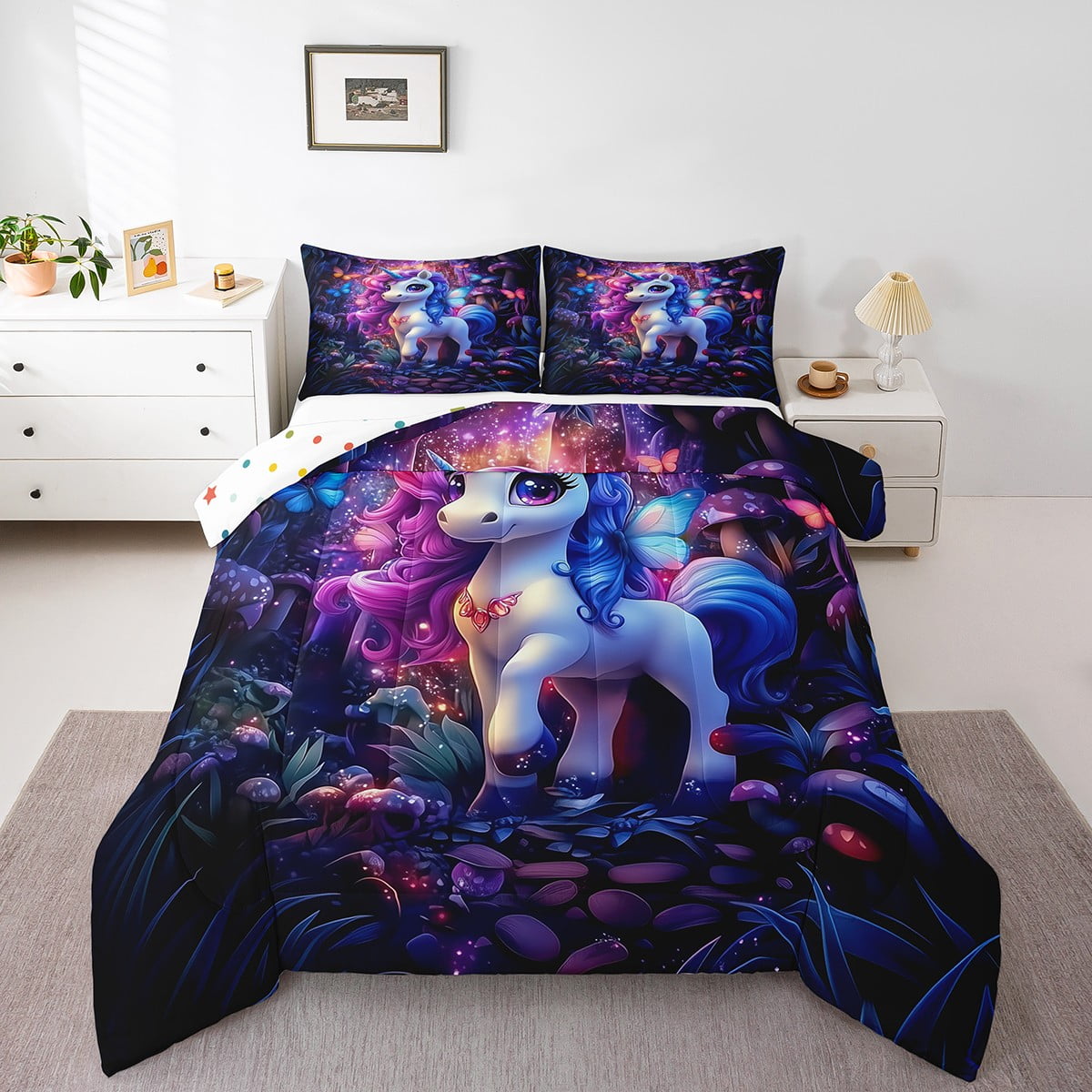 Kawaii Unicorn Girls Comforter Set Glitter Sky Butterfly Bedding Set ...