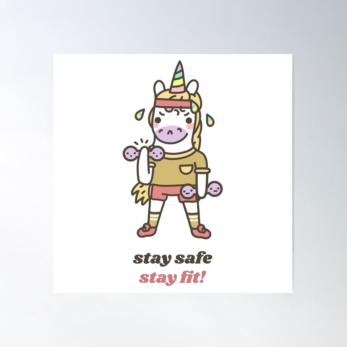 Kawaii Unicorn Stay Safe, Stay Fit! Poster Wall Art, Modern Wall Decor ...