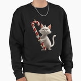 Kawaii White Cat With Christmas Candy Cane Graphic Unisex Sweatshirt ...