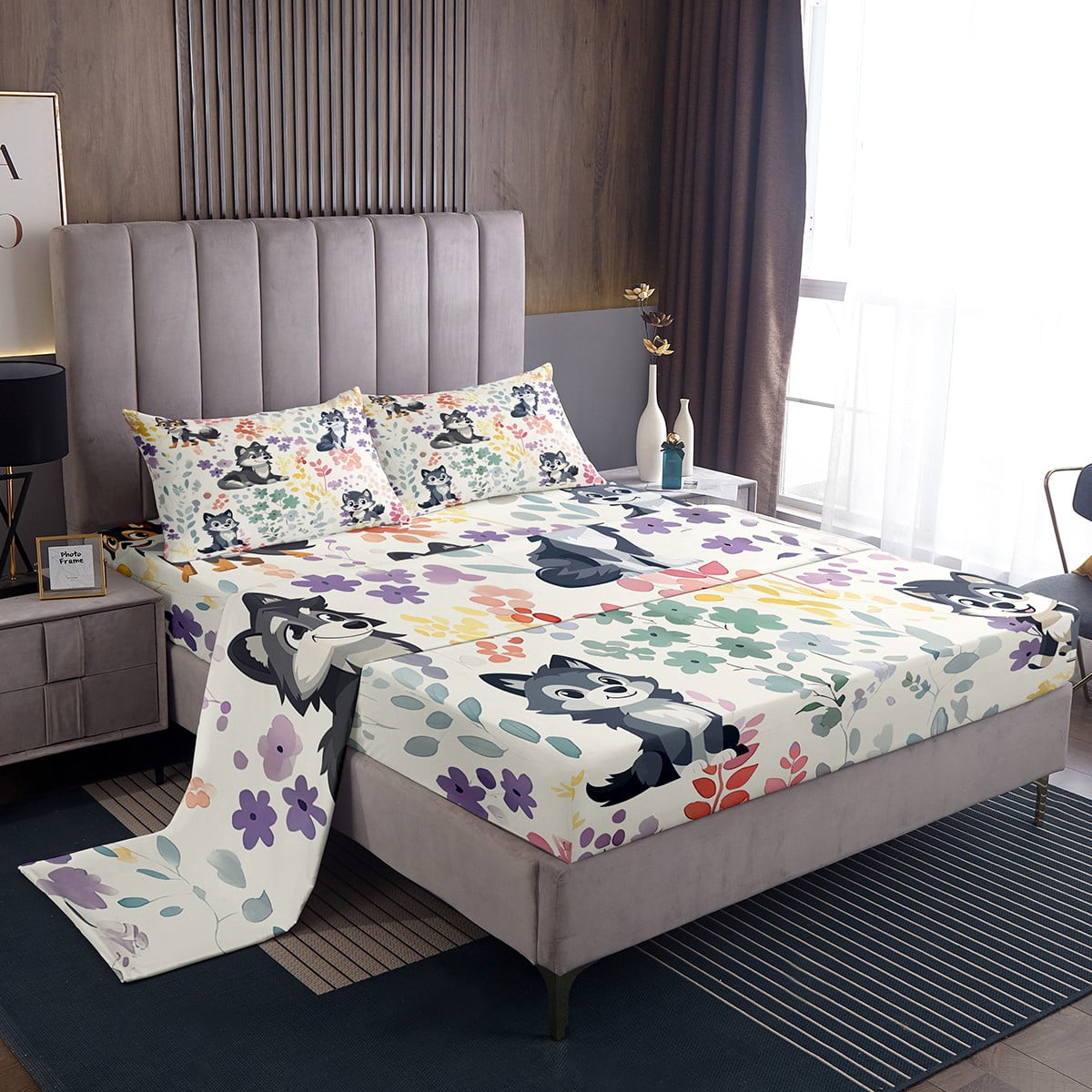 Kawaii Wolf Bed Sheets Set Queen Size,Cartoon Wolf Floral Bedding Set ...