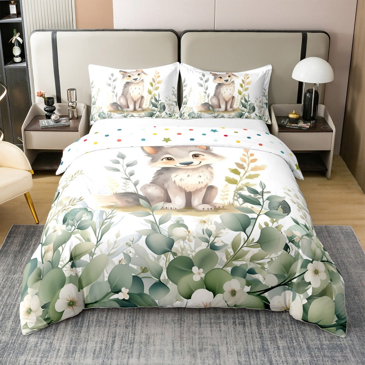 Kawaii Wolf Full Duvet Cover,Cartoon Animal 100% Cotton Comforter Cover ...