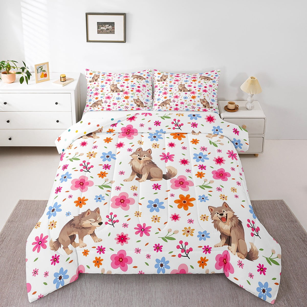Kawaii Wolf Twin Size Comforter Set Girly Floral Bedding Set, Blue Pink ...