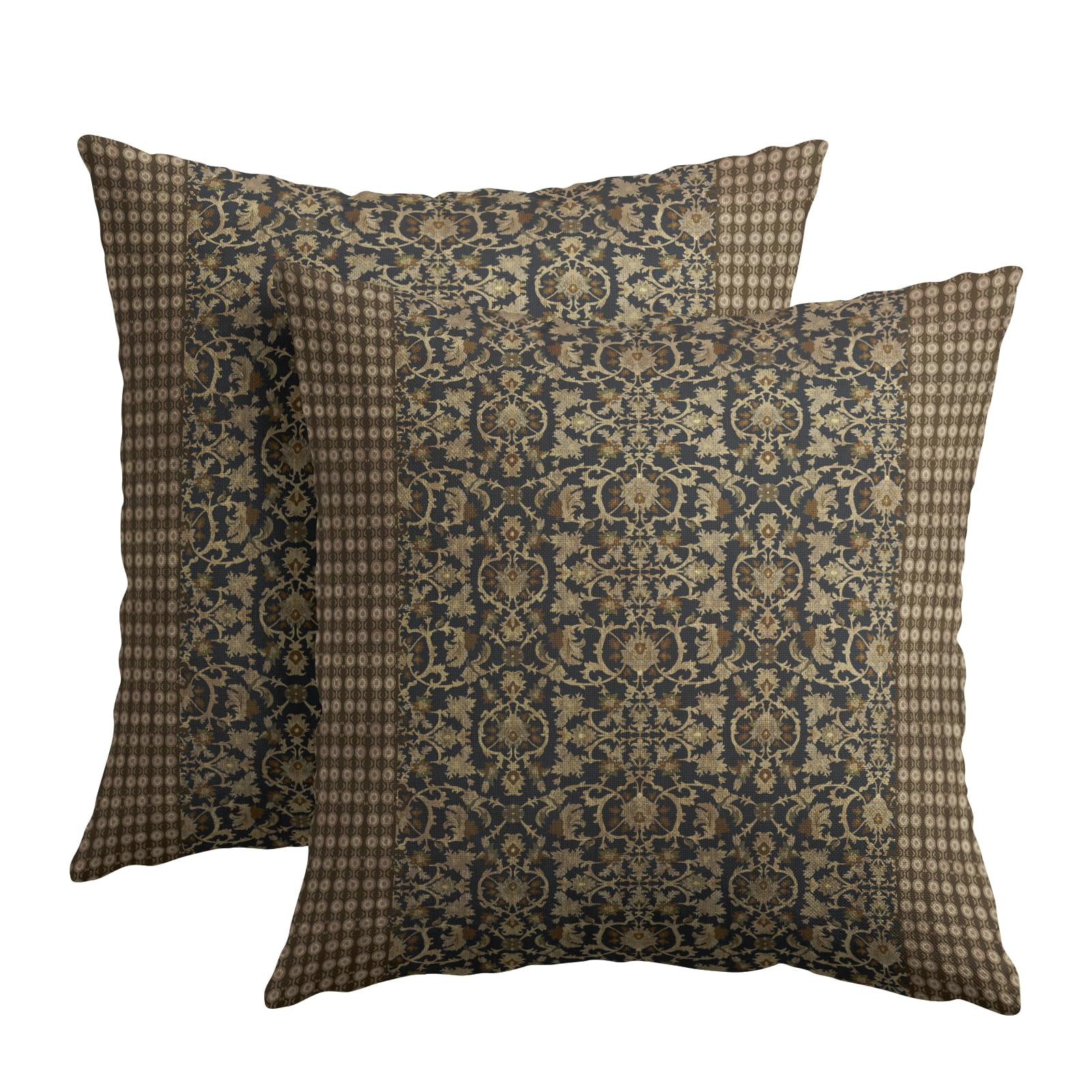 Kawani Brown Antique Pillow Covers 18x18 Inch Vintage Floral Block ...