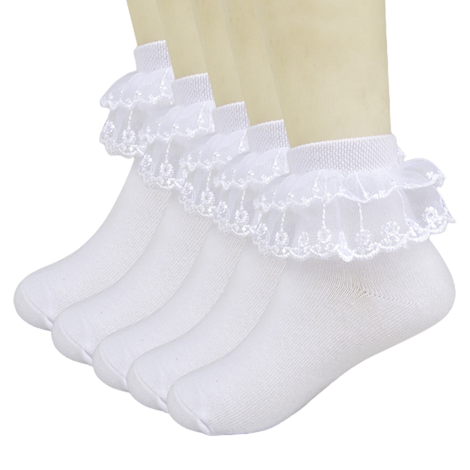 Kawell 5 Pairs Toddler Baby Girls Ruffle Lace Socks Cotton Frilly Ankle ...