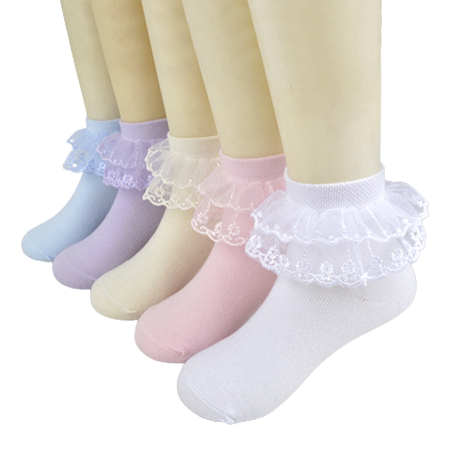 KAWELL 5 Pairs Ruffle Lace Socks for Girls, Cotton Breathable Frilly ...