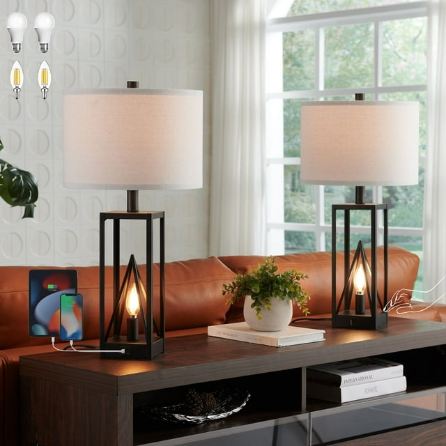 KYRID 23'' Bedside Lamp Set of 2, 3-Way Touch, Night Light, USB Ports ...