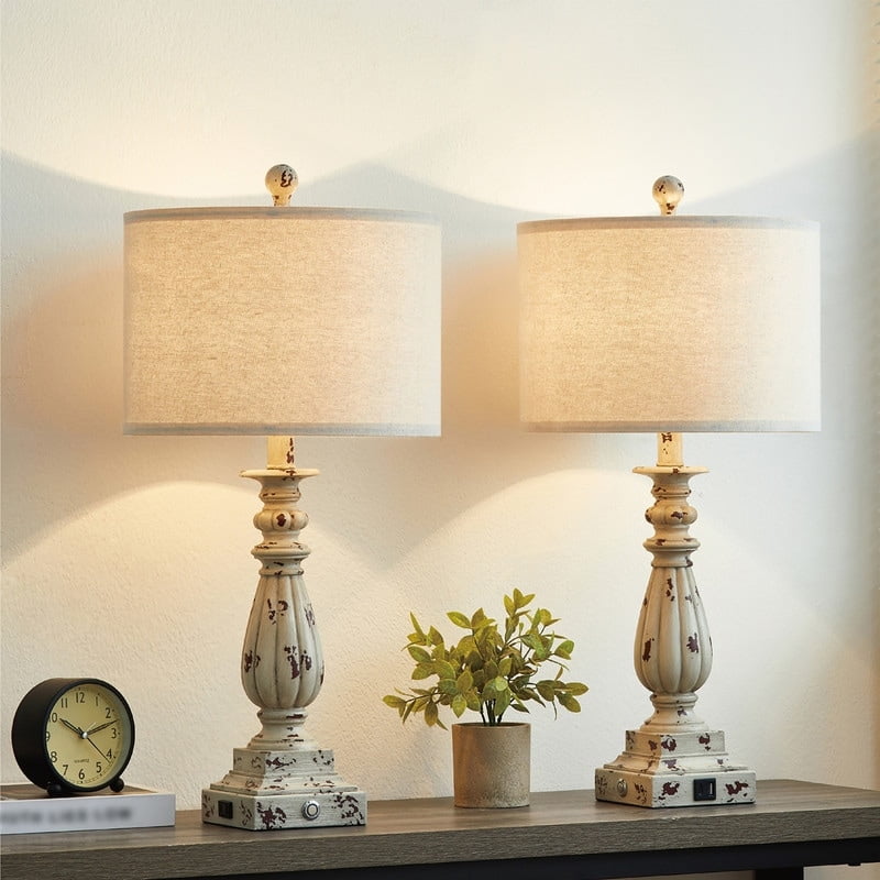 Kawoti 24" Farmhouse Table Lamp Set with USB Ports, Bulbs(Set of 2 ...