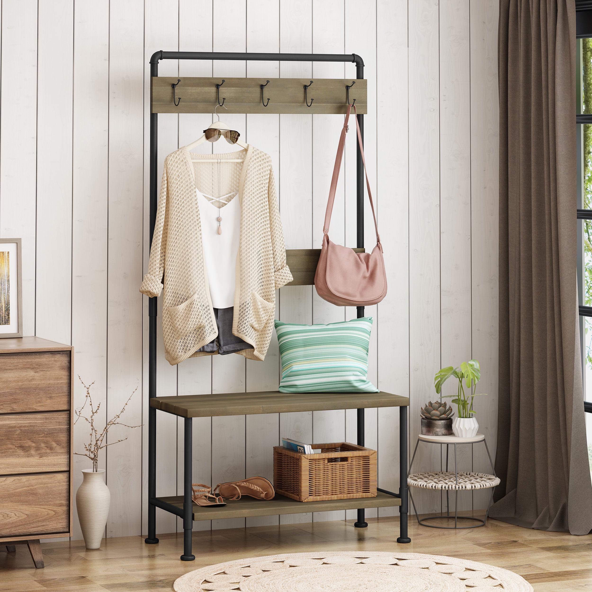 Kay Indoor Industrial Acacia Wood Bench with Shelf and Coat Hooks, Gray ...