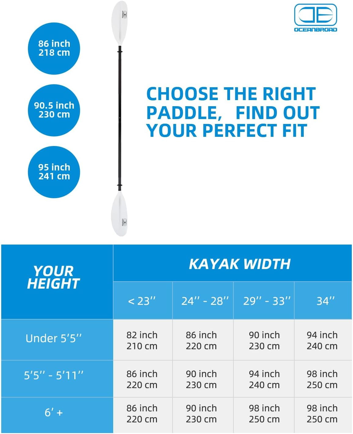 Kayak Paddle 86in/218cm, 90.5in/230cm, 95in/241cm Alloy Shaft Kayaking ...