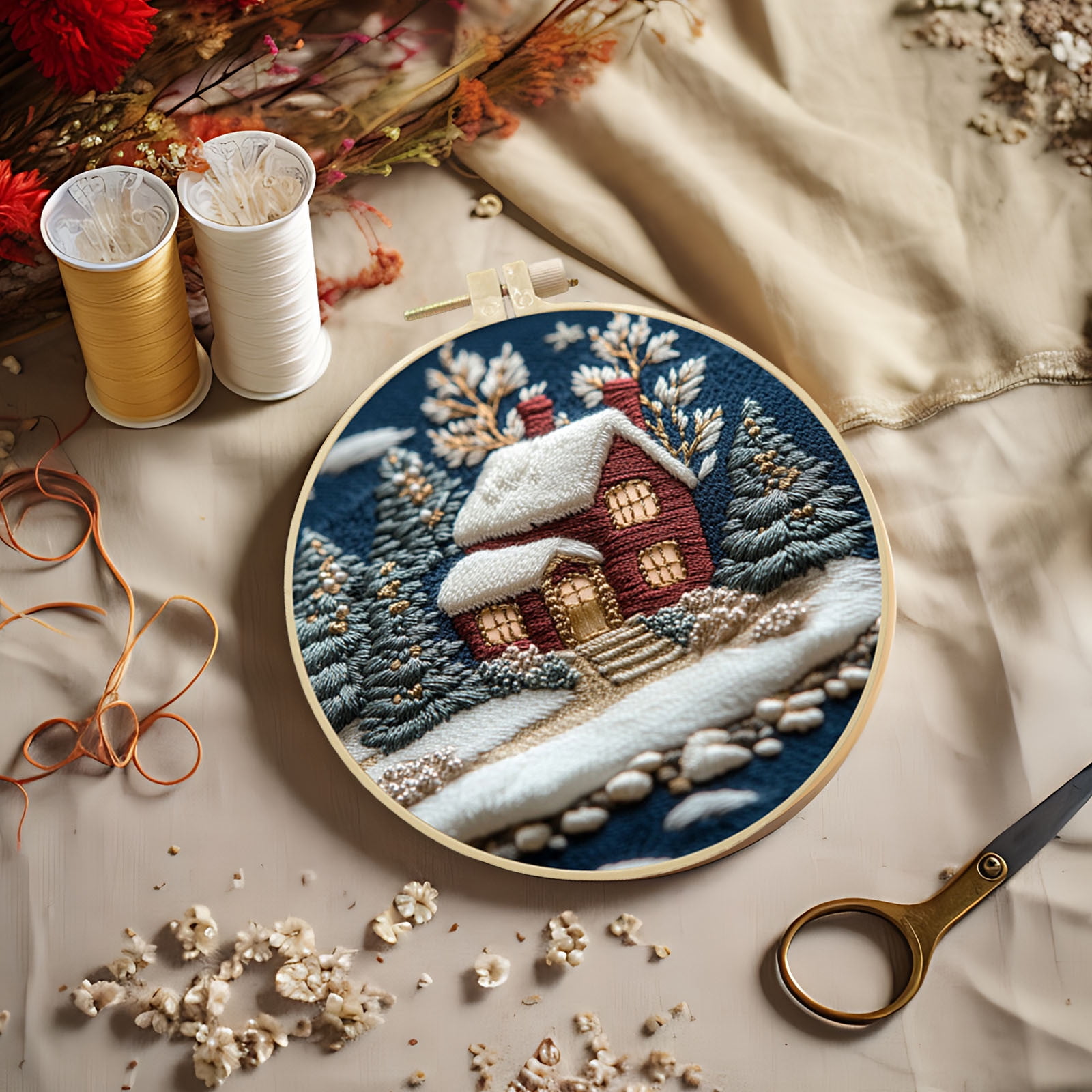 Christmas Gifts Christmas Forest Snow House Hand Embroidery Diy Handmades Fabric Material Kit ...