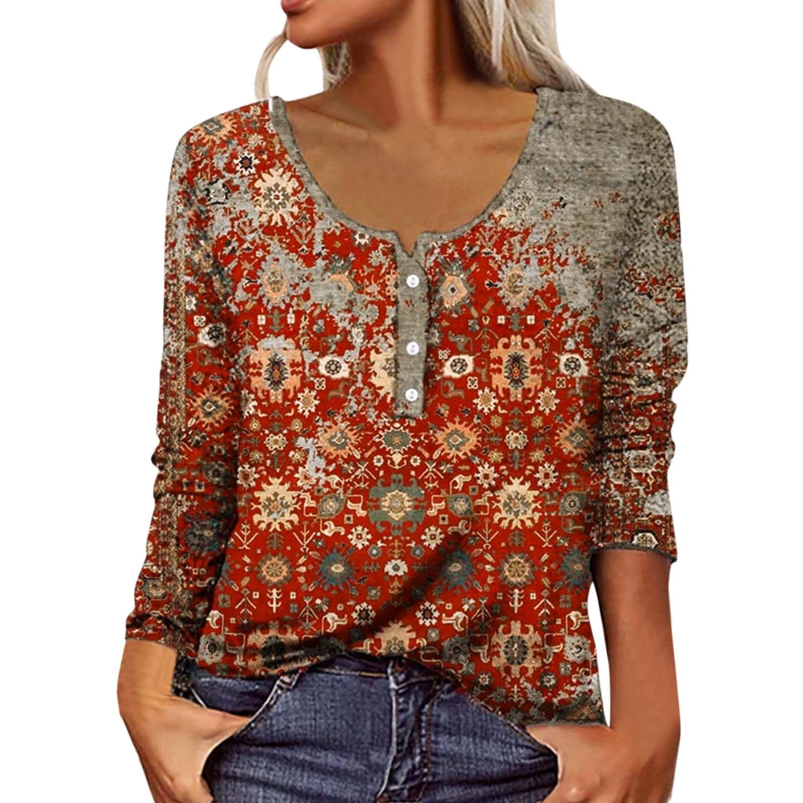 Kayannuo Fall Tops for Women Long Sleeve Round Neck Print Button Front ...