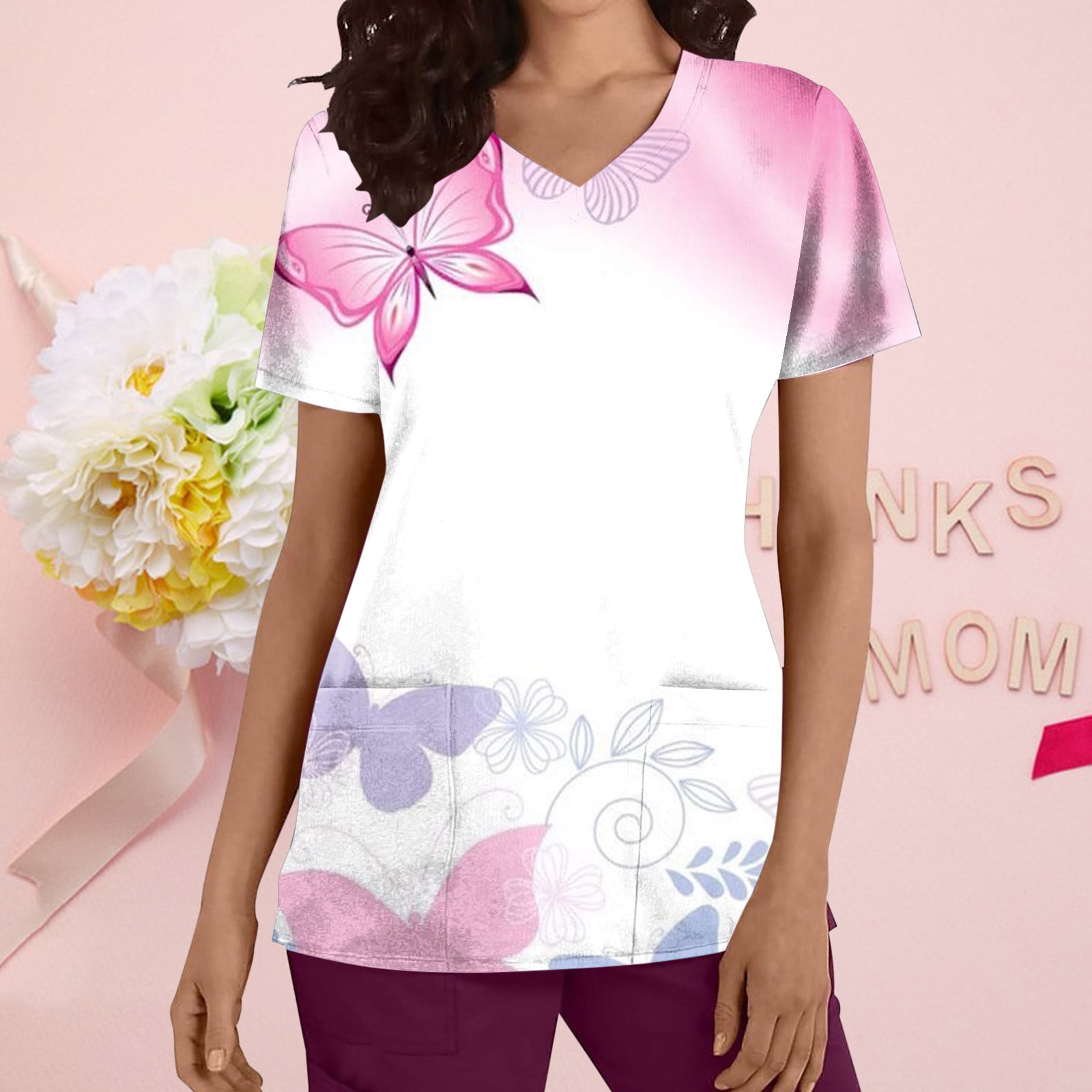 Kayannuo Print Nursing Uniforms Scrub for Women Short Sleeves Women ...