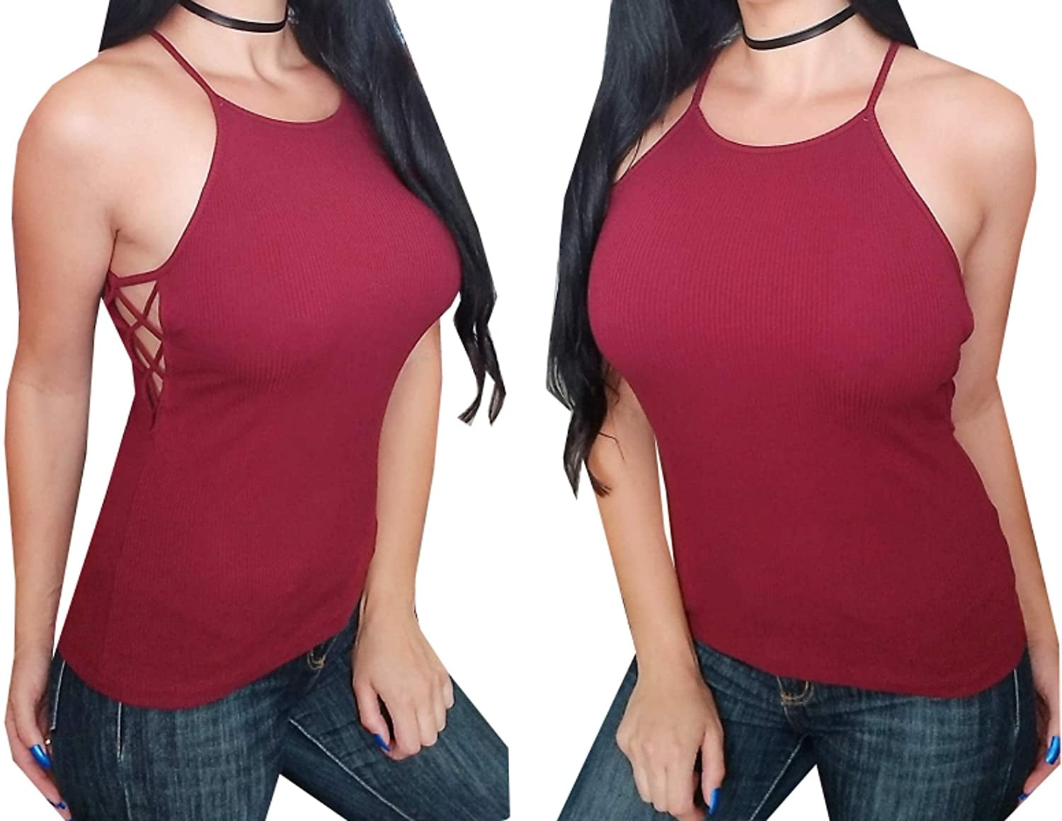 Kaylee_xo Sexy Caged Side Ribbed High Neck Summer Solid Cami Racerback ...