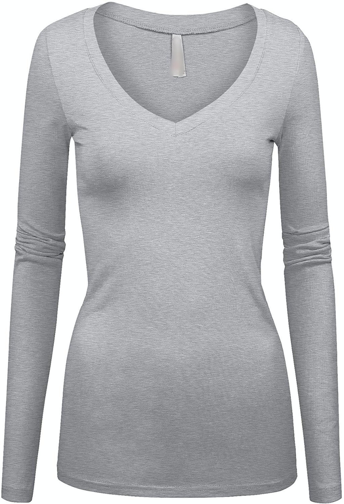 Kaylee_xo Women's Long Sleeve V-Neck Low-cut Sexy Solid Stretchy Shirt ...