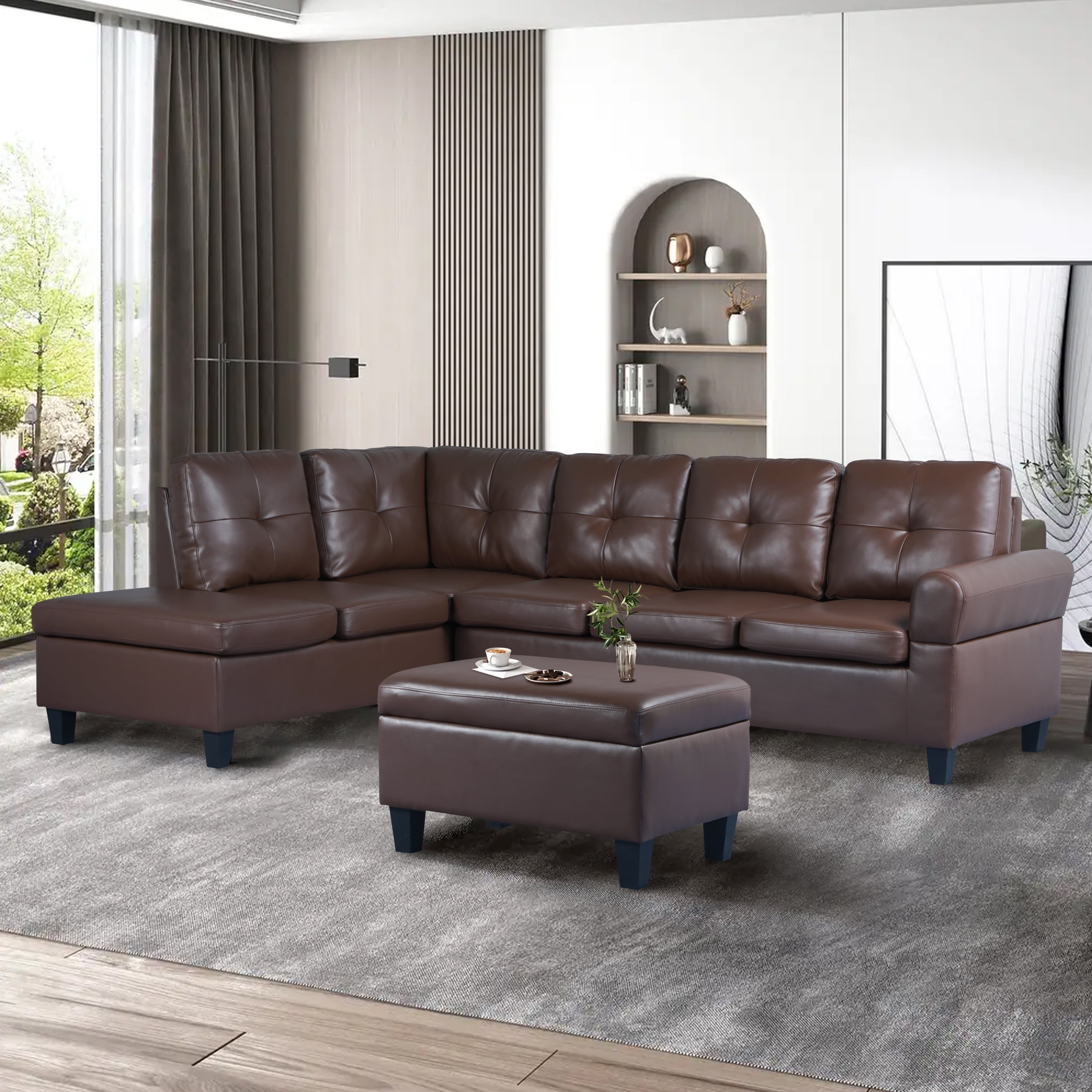 "Kayto Inc 97"" Brown Fabric 3-Piece Modern Sectional Sofa with Storage ...