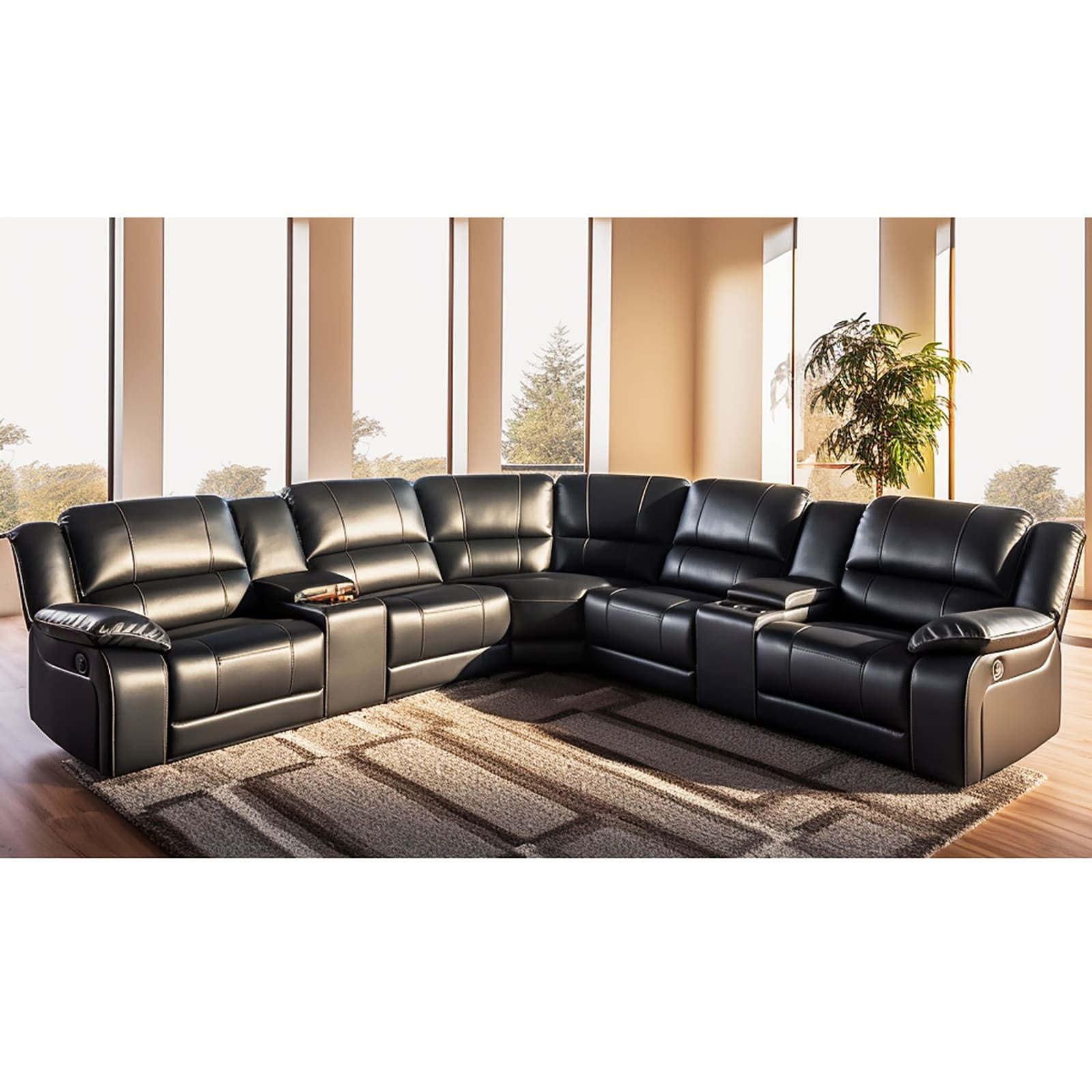 "Kayto Inc 108"" W Black Faux Leather 7-Piece Reclining Sofa for Living ...