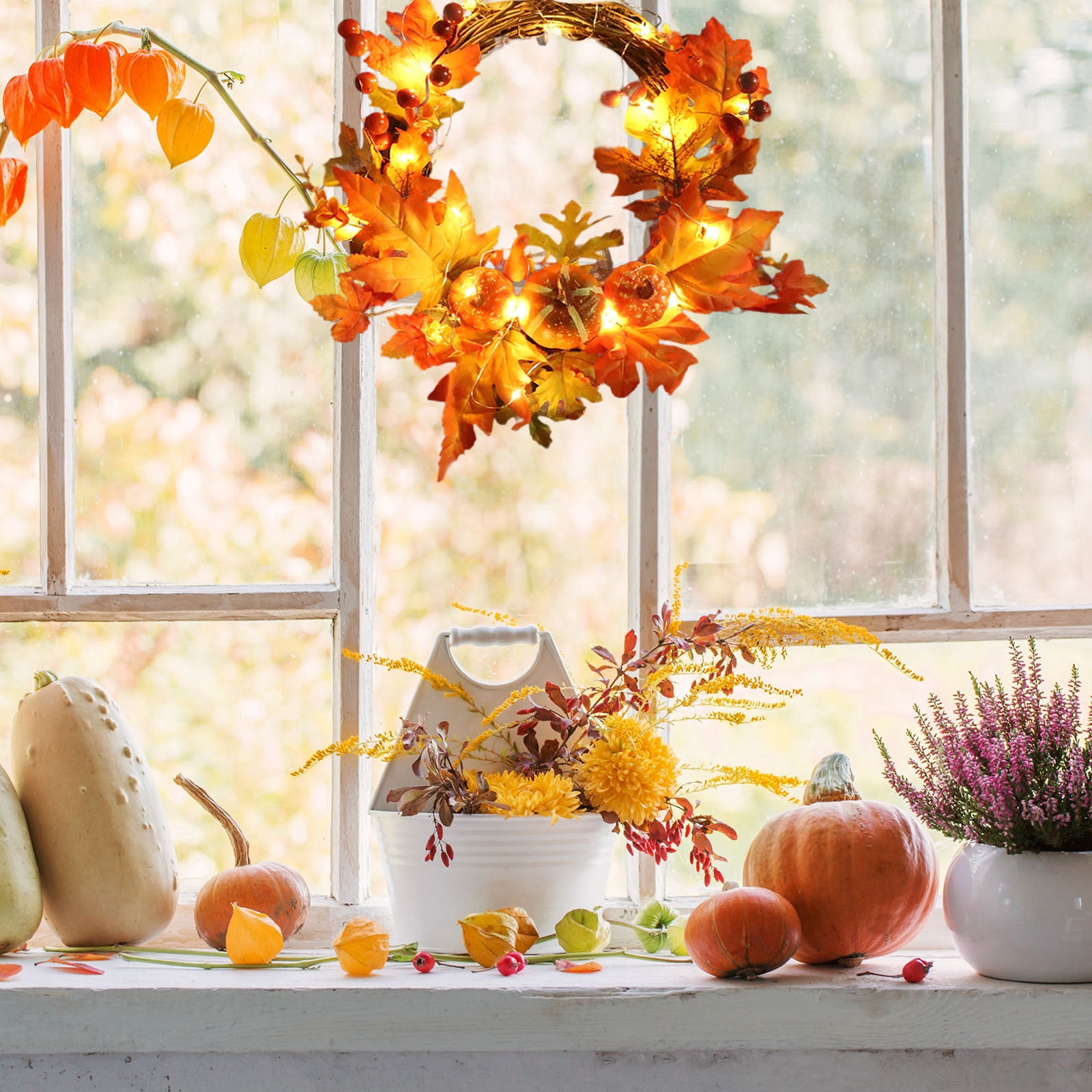 Kbndieu 11.8" Fall Maple Leaves Wreath, Cotton Grain Pumpkin Harvest ...