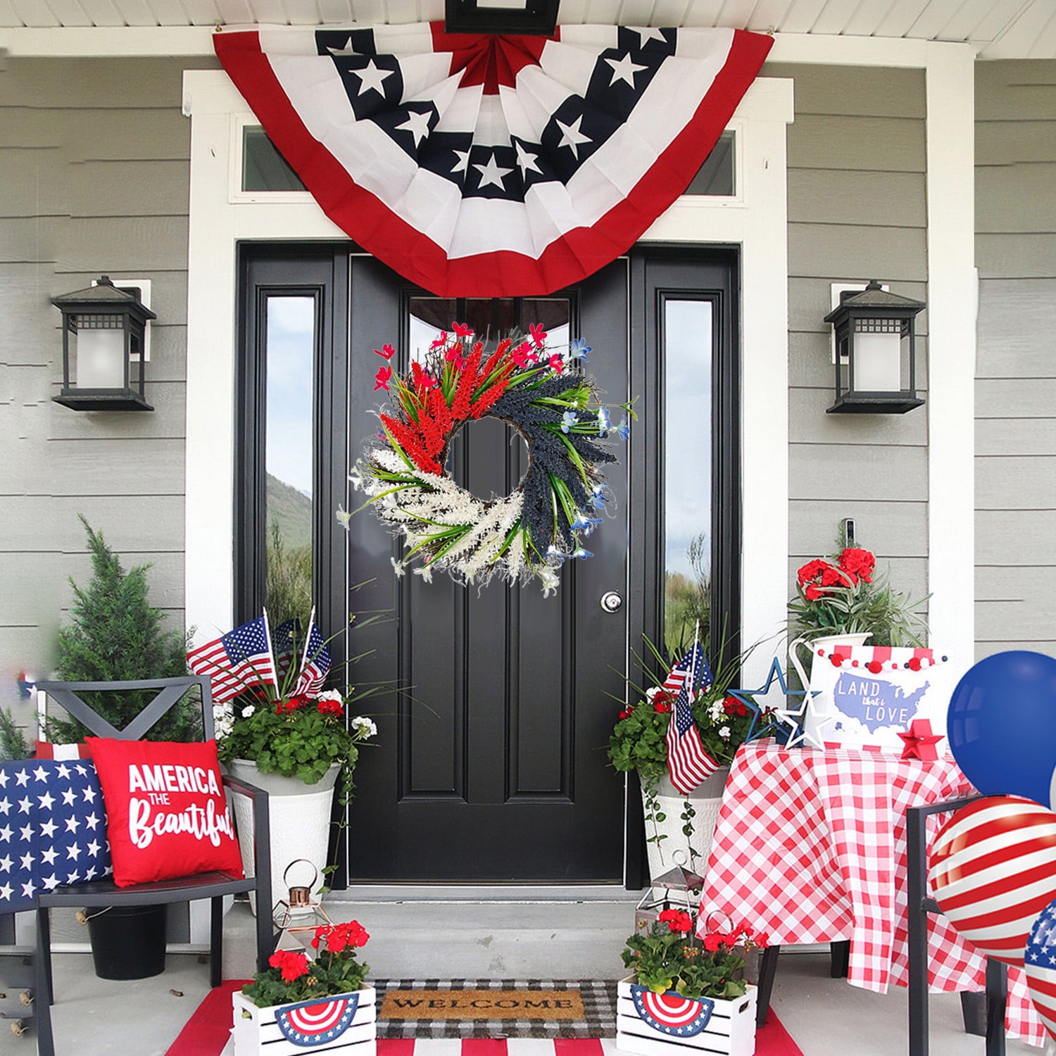 Kbndieu 18 Inch Patriotic Red White Blue Flowers Wreath for Front Door ...
