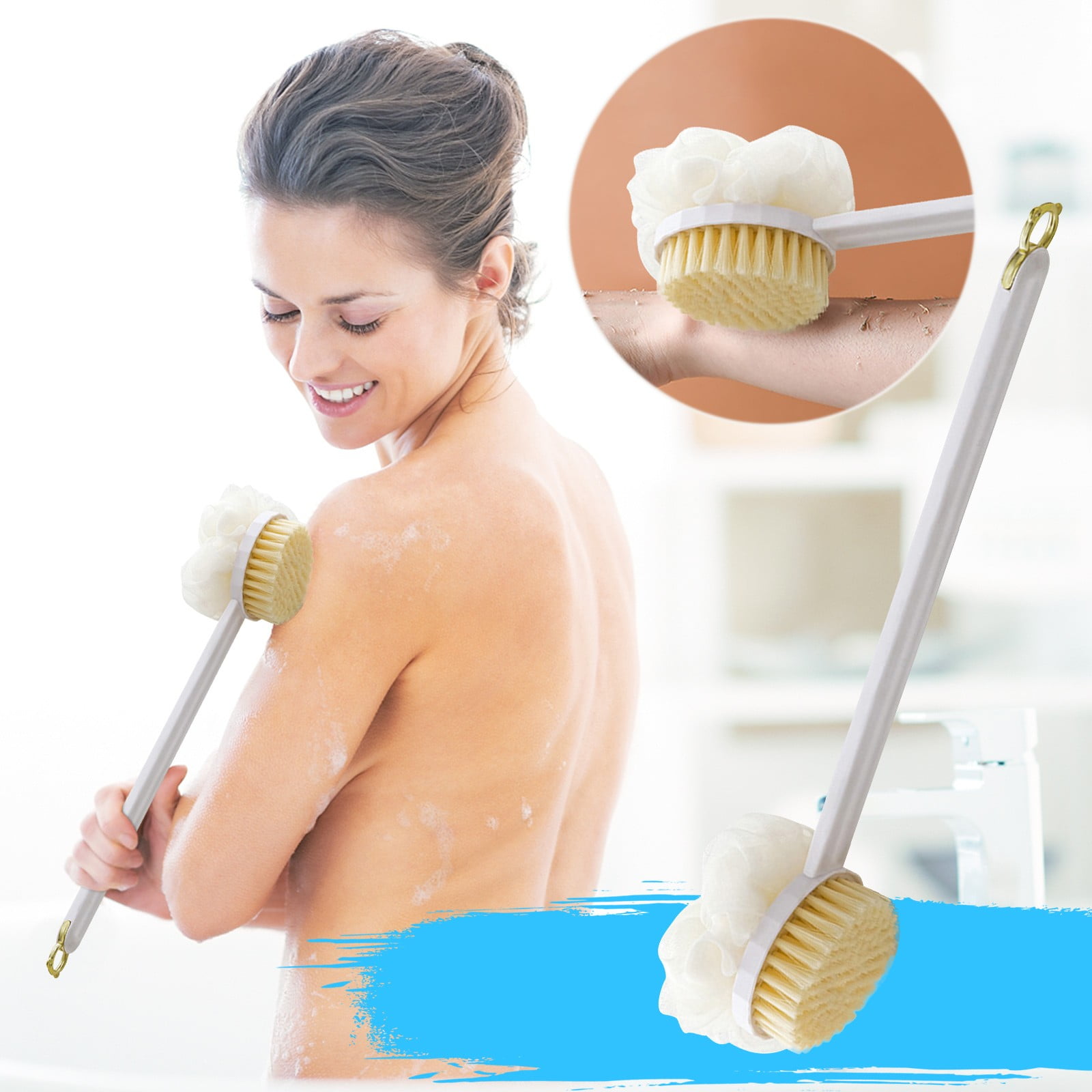 Kbndieu Back Scrubber for Shower Long Handle Bath Brush Soft Hair Rub Back Brush Double-Sided ...